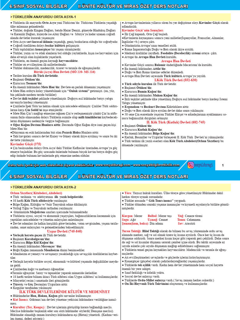 6.sınıf Sosyal Bilgiler II.Ünite Özet Ders Notu | PDF