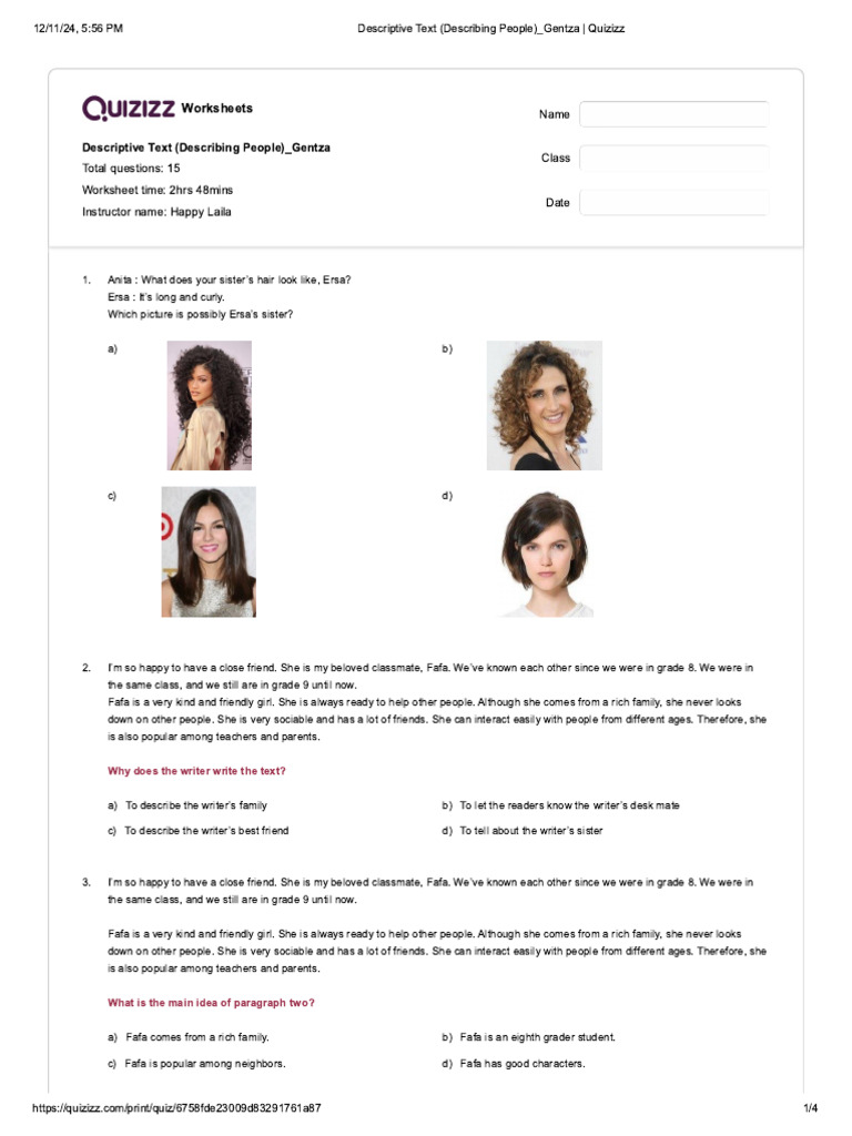 Descriptive Text (Describing People) - Gentza - Quizizz | PDF