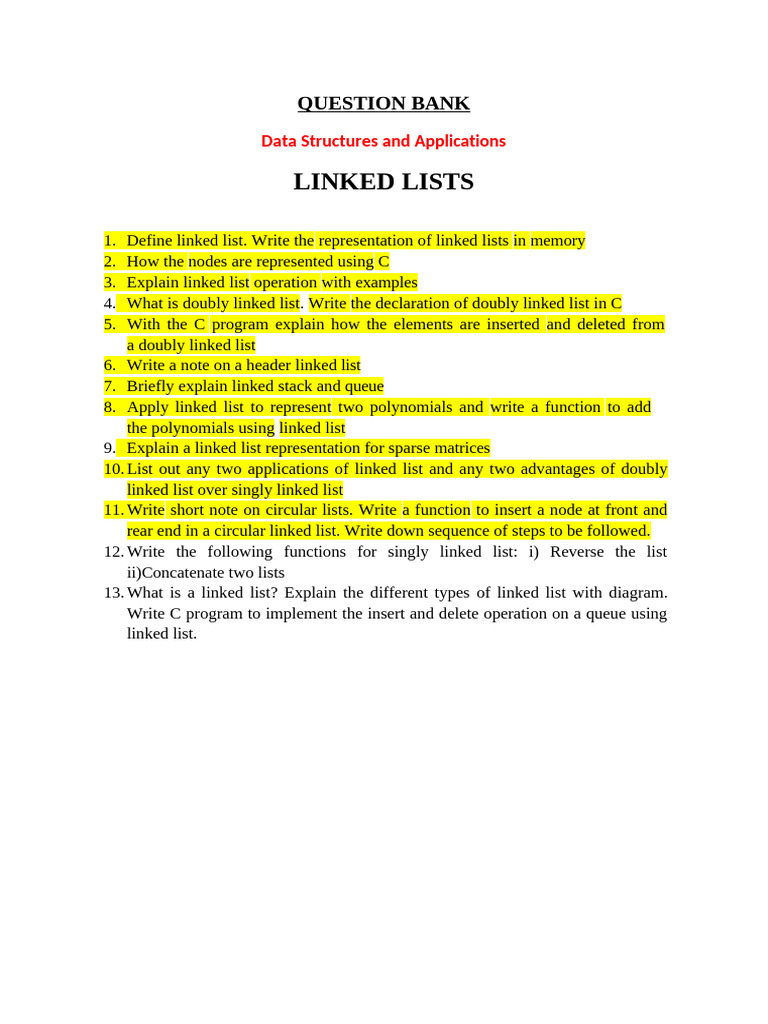 Linked List QUESTION BANK | PDF
