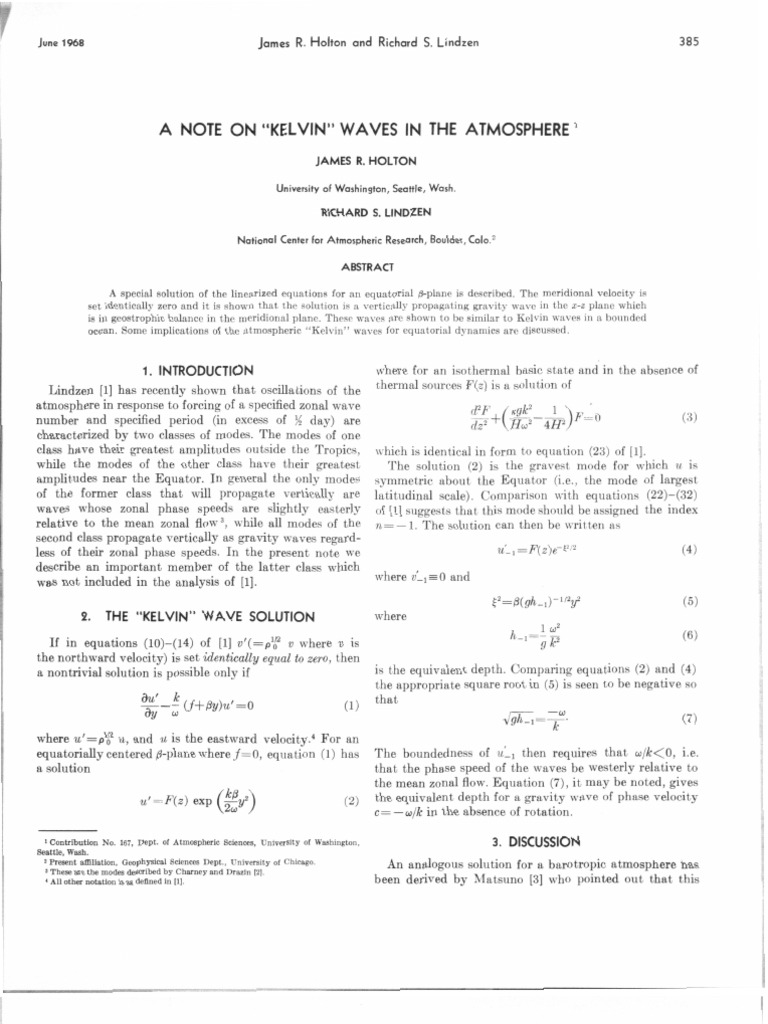James R. Holton and Richard S. Lindzen - A Note On "Kelvin" Waves in ...