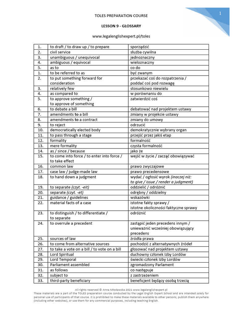 TOLES Lesson 9 Glossary by The Legal English Expert School - 2021 | PDF