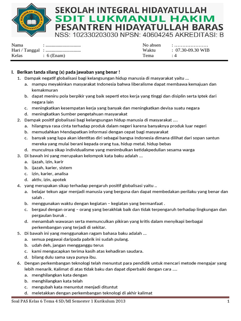 SOAL PAS KLS 6 TEMA 5 (2) | PDF