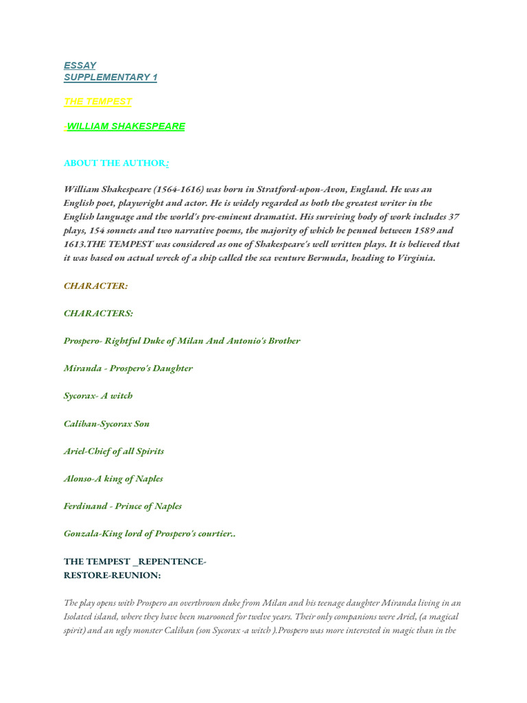 Essay 1 Supplementary - The Tempest - William Shakespeare. | PDF | The ...