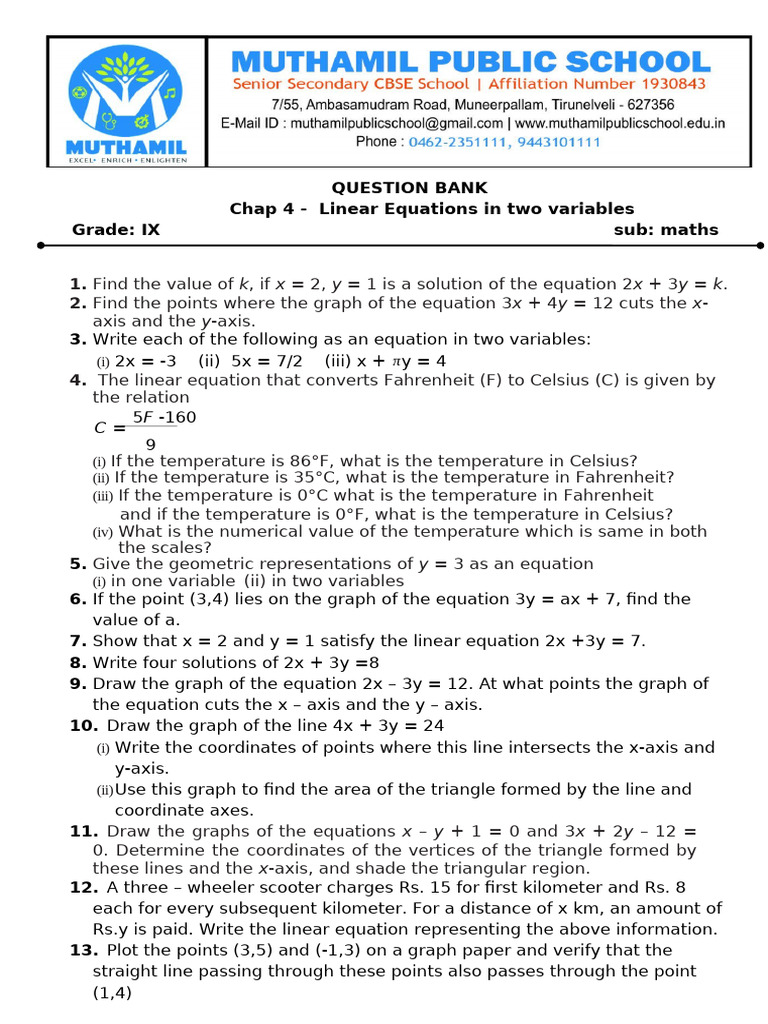 Chap 4 Linear Equations in Two Variables Q.B | PDF | Fahrenheit | Equations