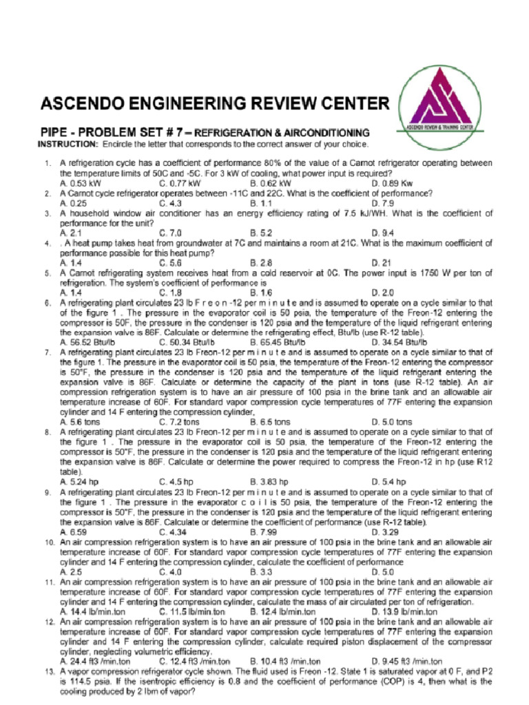 Problem Set 7 PIPES Refrigeration and Aircondition | PDF