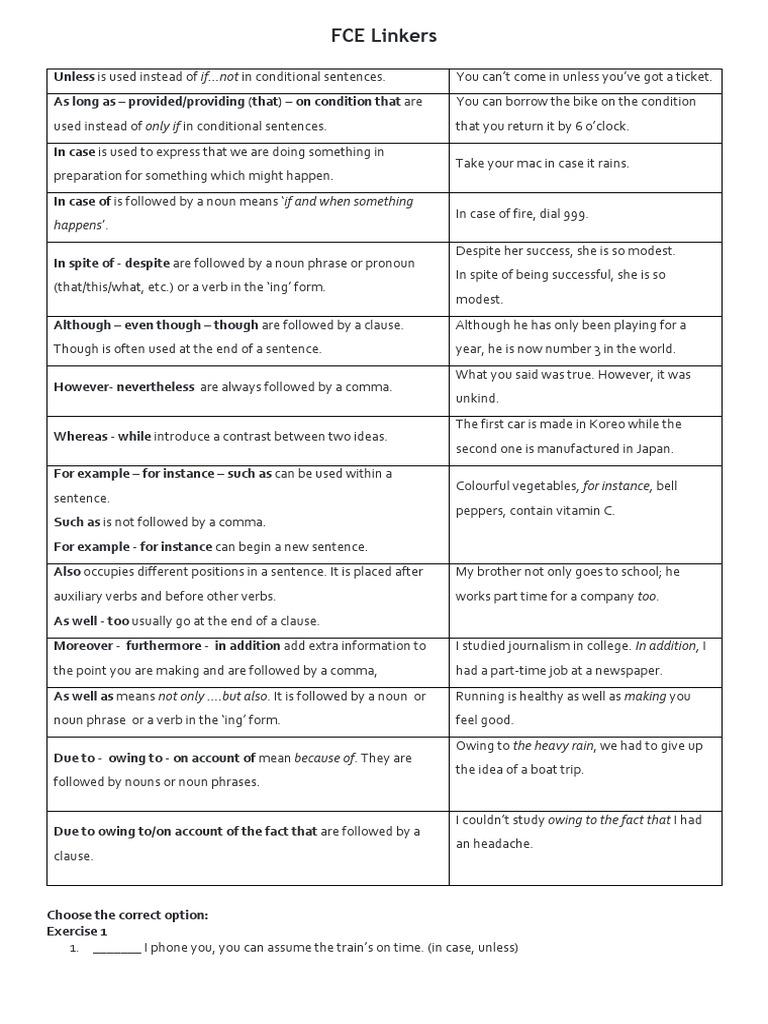 Fce Linkers Practice | PDF | Sentence (Linguistics) | Verb