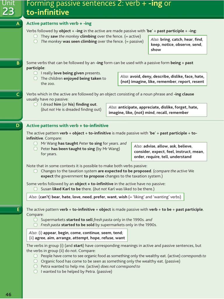23 Forming Passive Sentences 2: Verb + - Ing or To + Infinitive | PDF ...