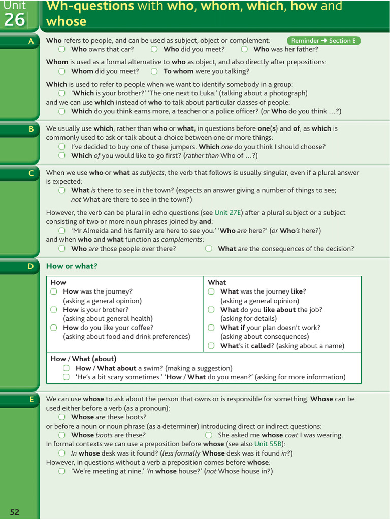 26 Wh-Questions With Who, Whom, Which, How and Whose | PDF ...