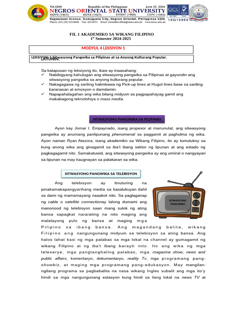 Fil 1 Course Pack 4 Leksiyon 1 | PDF