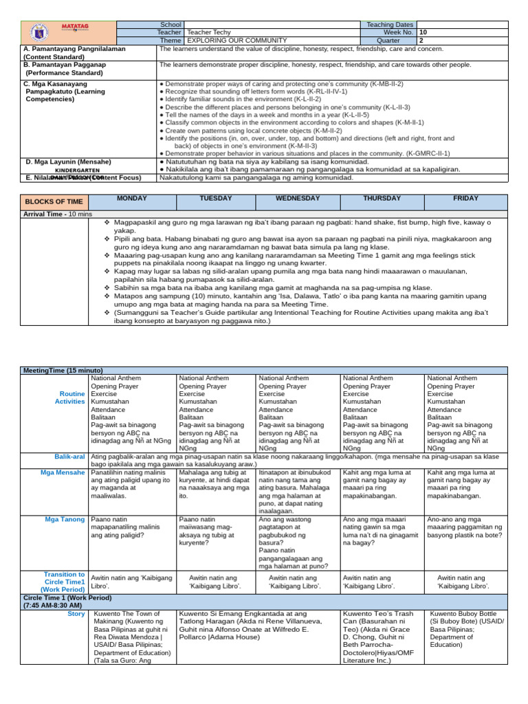 Kindergarten-DLL-Matatag-Q2 Week 10 | PDF