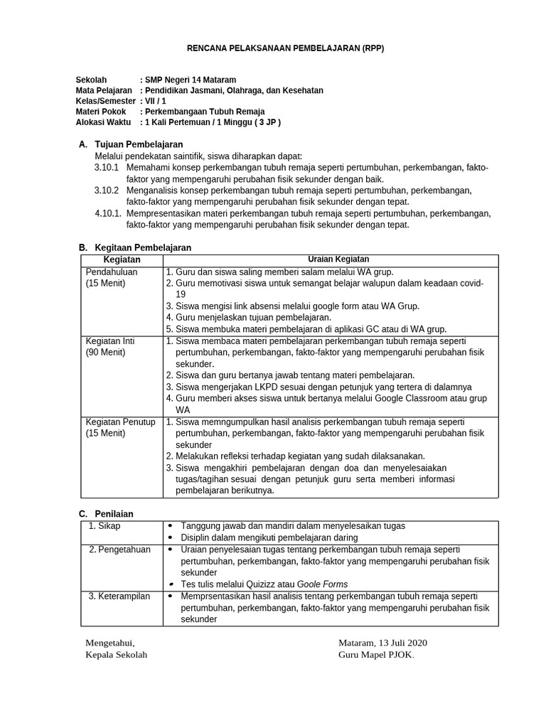 RPP Perkembangan Tubuh Remaja | PDF
