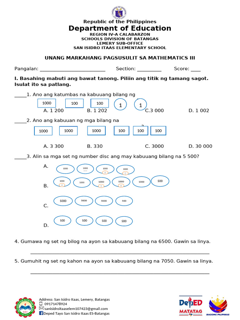 Unang Markahang Pagsusulit Sa Mathematics III | PDF Unang Markahang Pagsusulit Sa Mathematics III | PDF