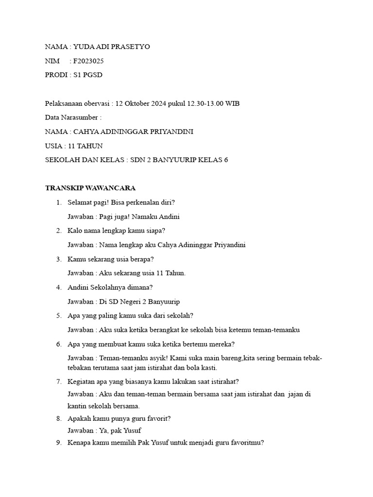 Observasi Wawancara YUDA - ADI - PRASETYO | PDF