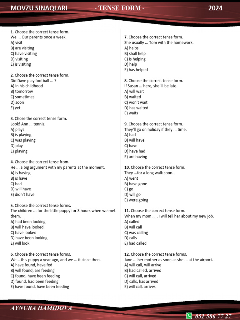 Movzu Sinaqlari 2024 - Tense Form | PDF