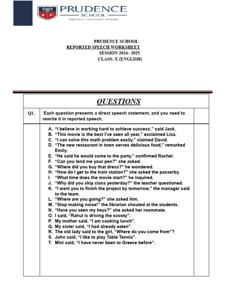 Reported Speech's Worksheet Class X_241121_163428_copy | PDF
