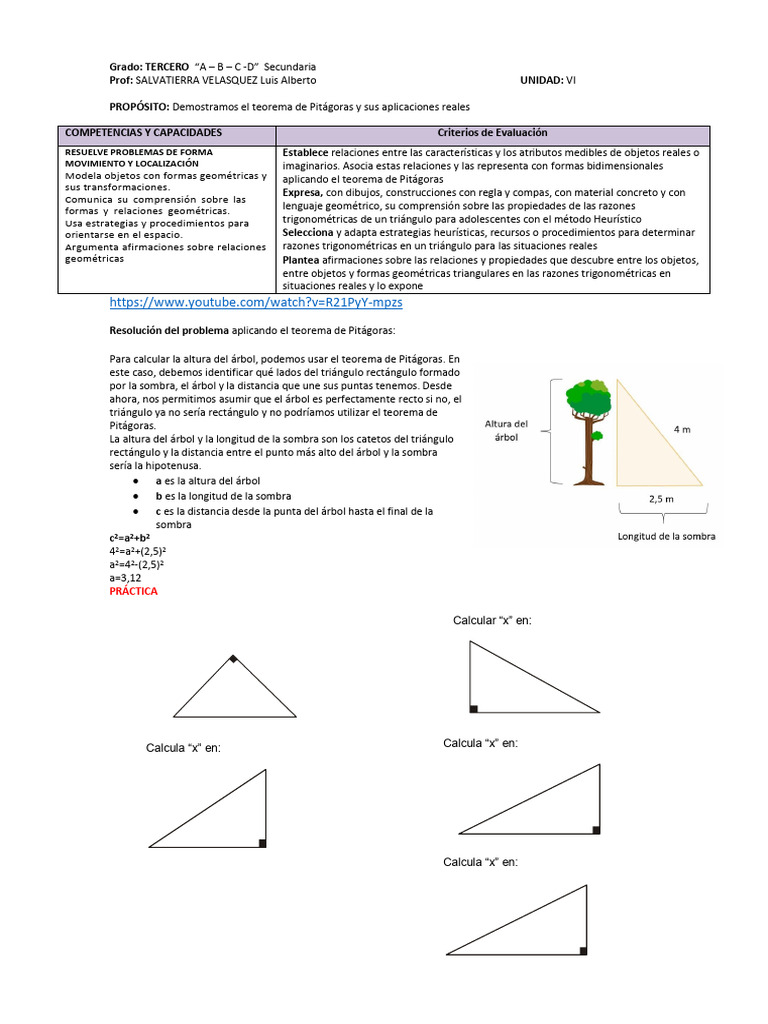 Ficha de Matemática Teorema de Pitágoras Semana 3 Noviembre | PDF | Triángulo | Geometría