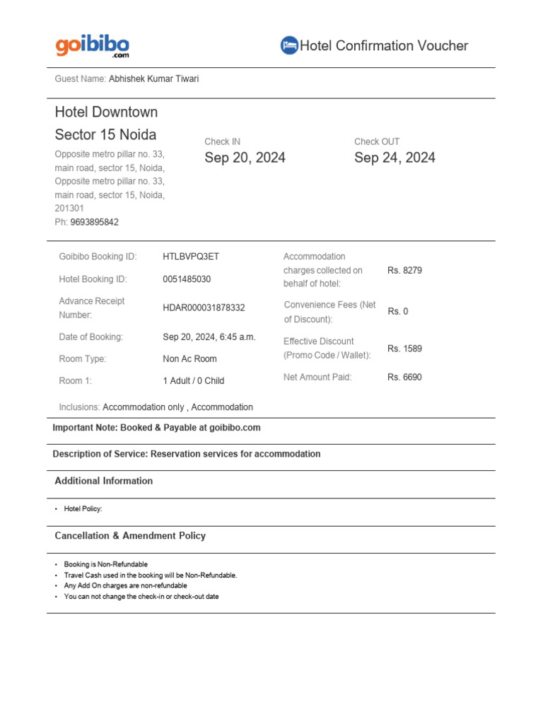 Goibibo Hotel Bill | PDF | Fee