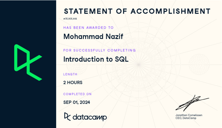 SQL Fundamentals Completion Certificate | PDF