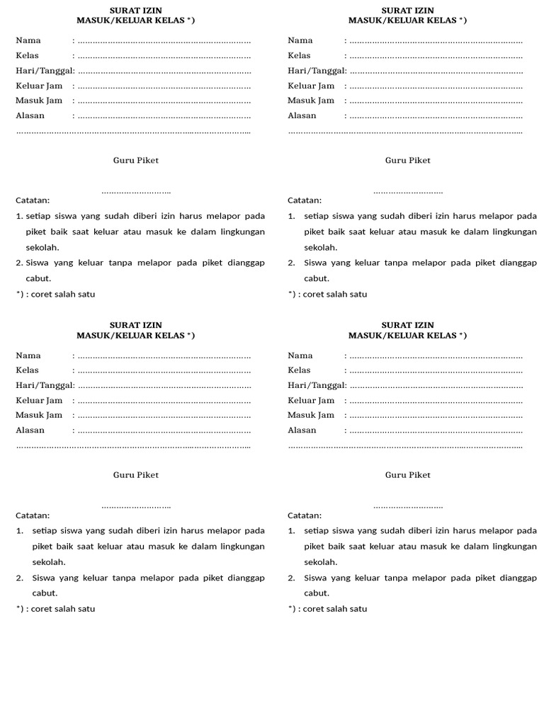 SURAT IZIN MASUK or KELUAR KELAS | PDF