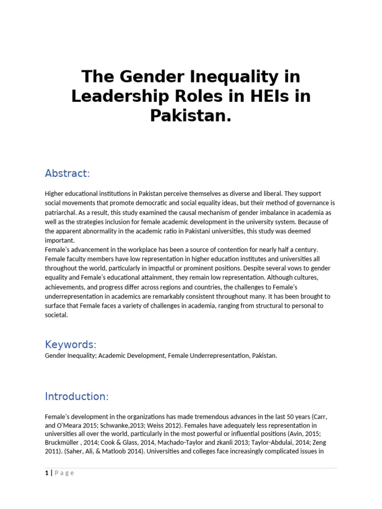 The Gender Inequality in Leadership Roles in HEIs in Pakistan | PDF ...