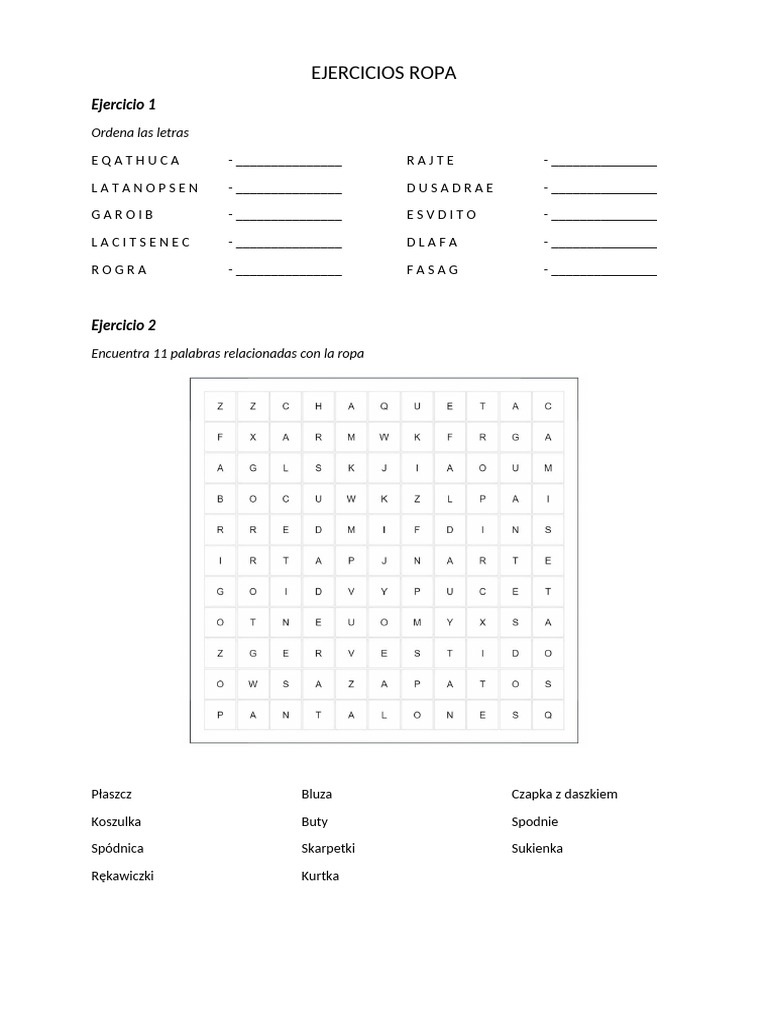 Ejercicios Ropa | PDF