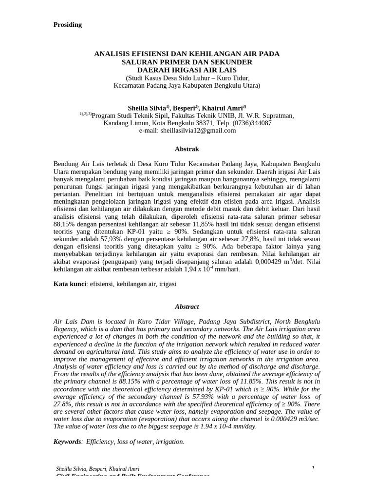 Analisis Efisiensi Dan Kehilangan Air Pada Saluran Primer Dan Sekunder Daerah Irigasi Air Lais | PDF