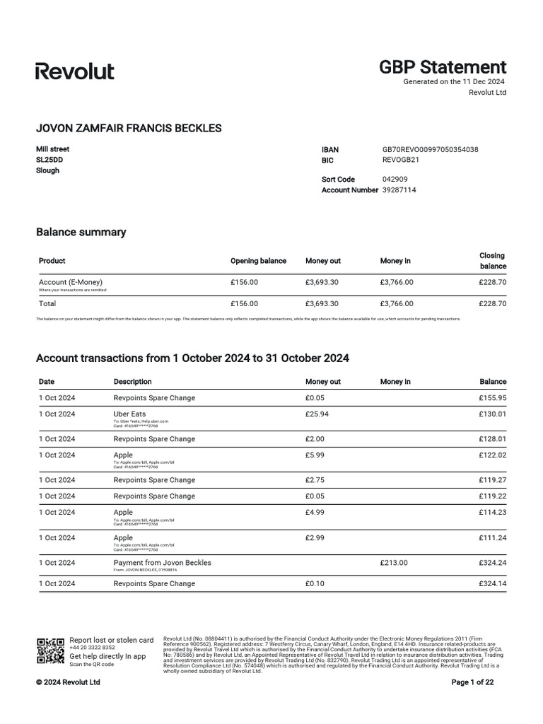 Revolut GBP Statement Summary | PDF | Financial Services | Banking