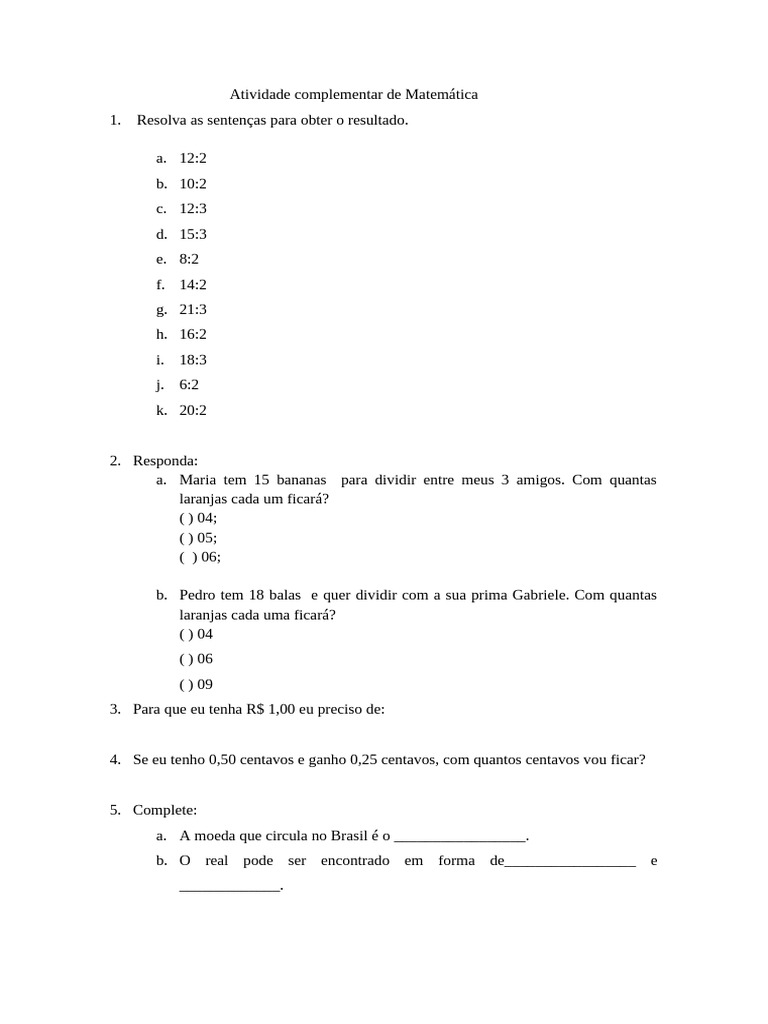 Atividade Complementar Matemática | PDF
