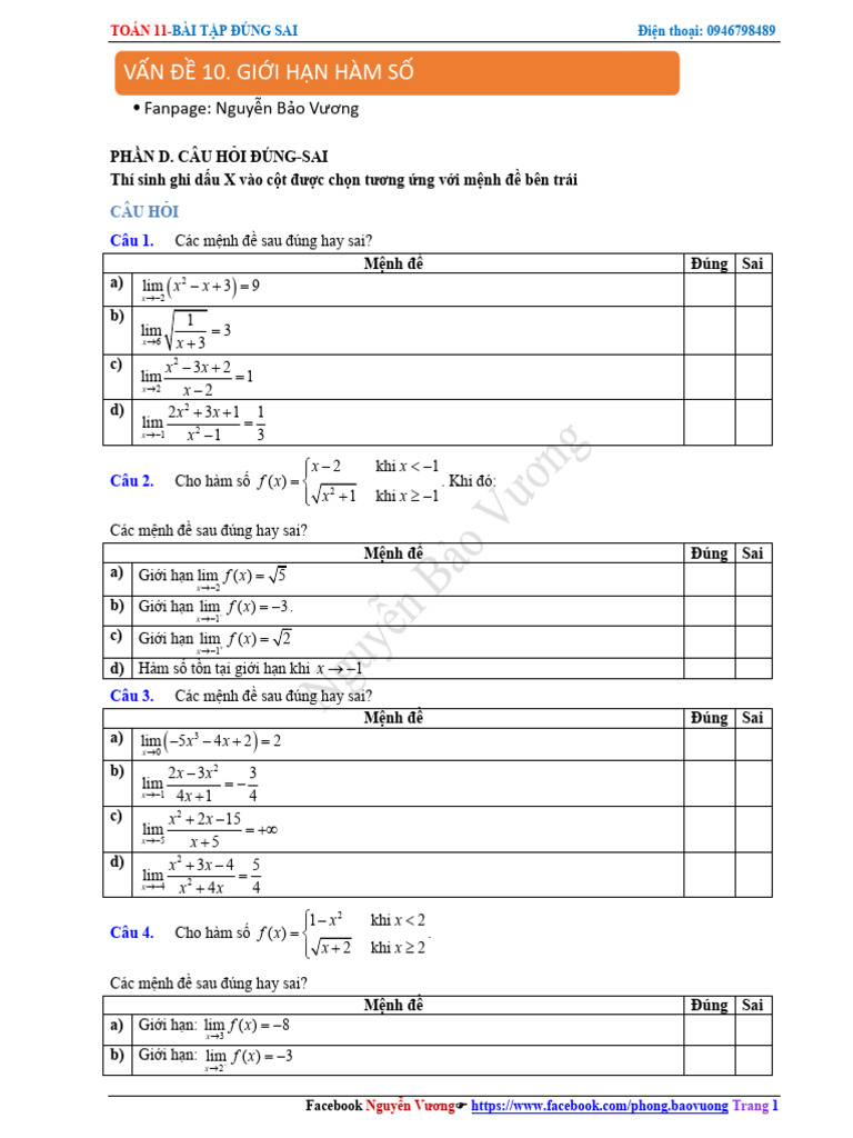 (Nbv) -Trắc Nghiệm Đúng, Sai & Trả Lời Ngắn Toán 12 | PDF