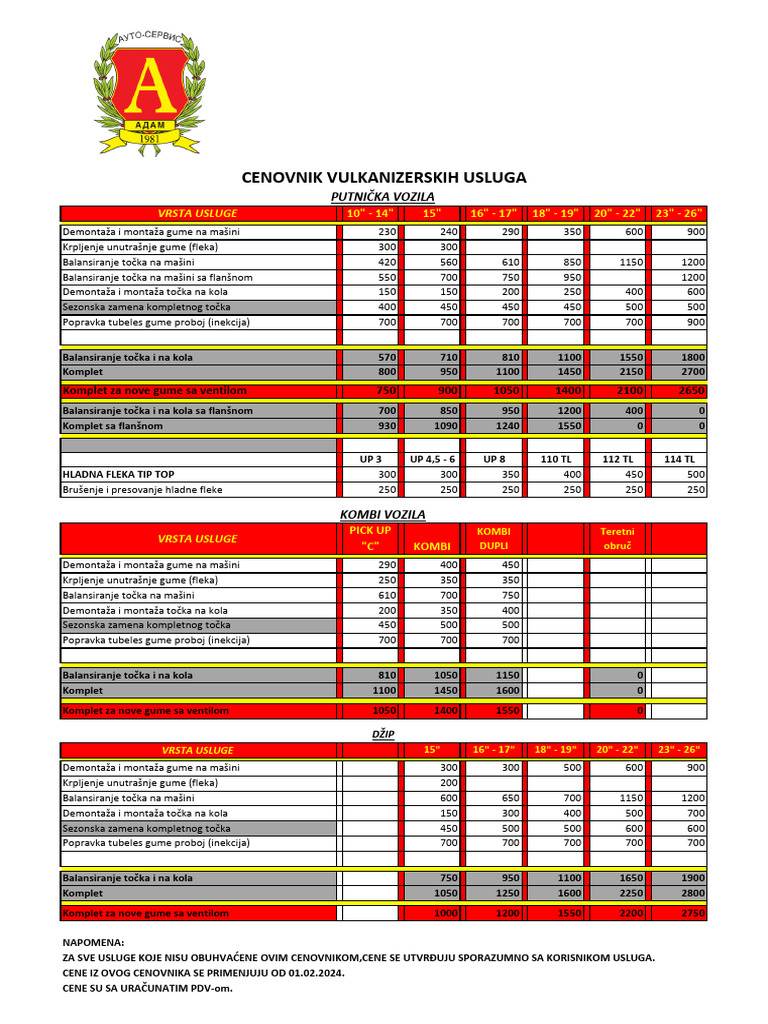 Cenovnik Usluga Od 01.02.2024 | PDF
