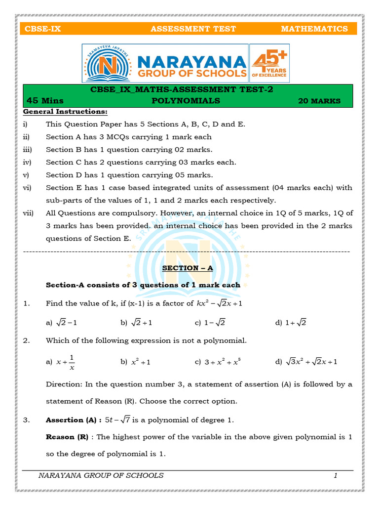 Cbse Ix Maths-Assessment Test-2 Polynomials | PDF | Multiple Choice ...