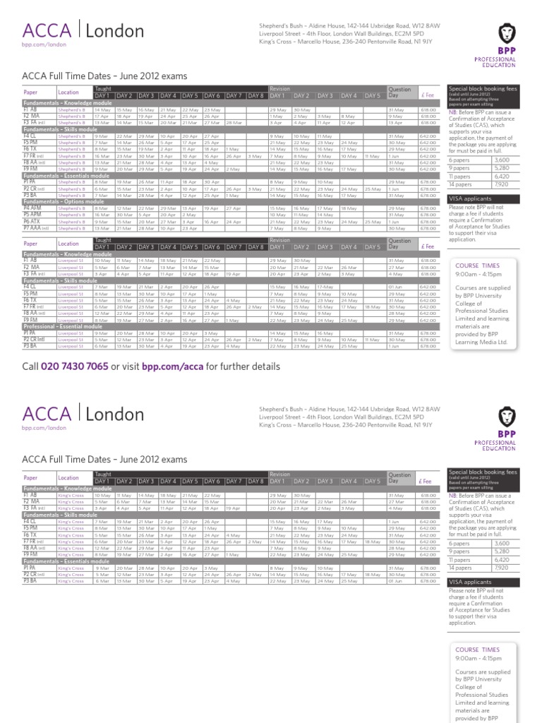 ACCA Exam Timetable for BPP London | PDF
