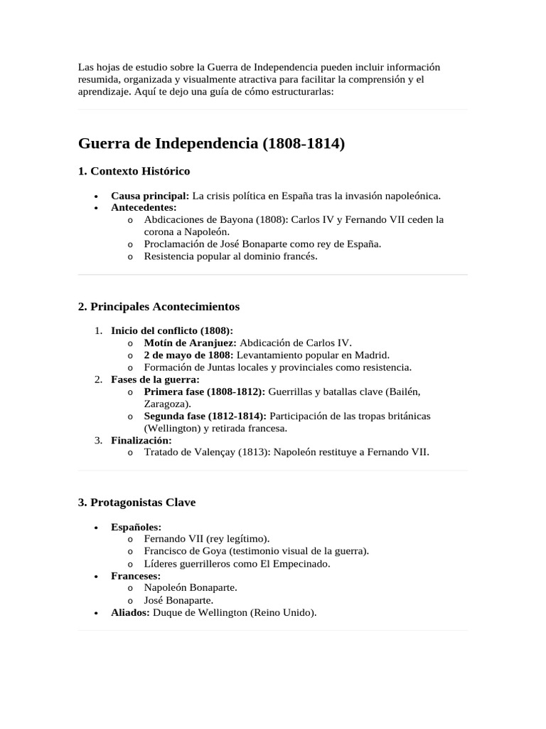 Las hojas de estudio sobre la Guerra de Independencia pueden incluir ...