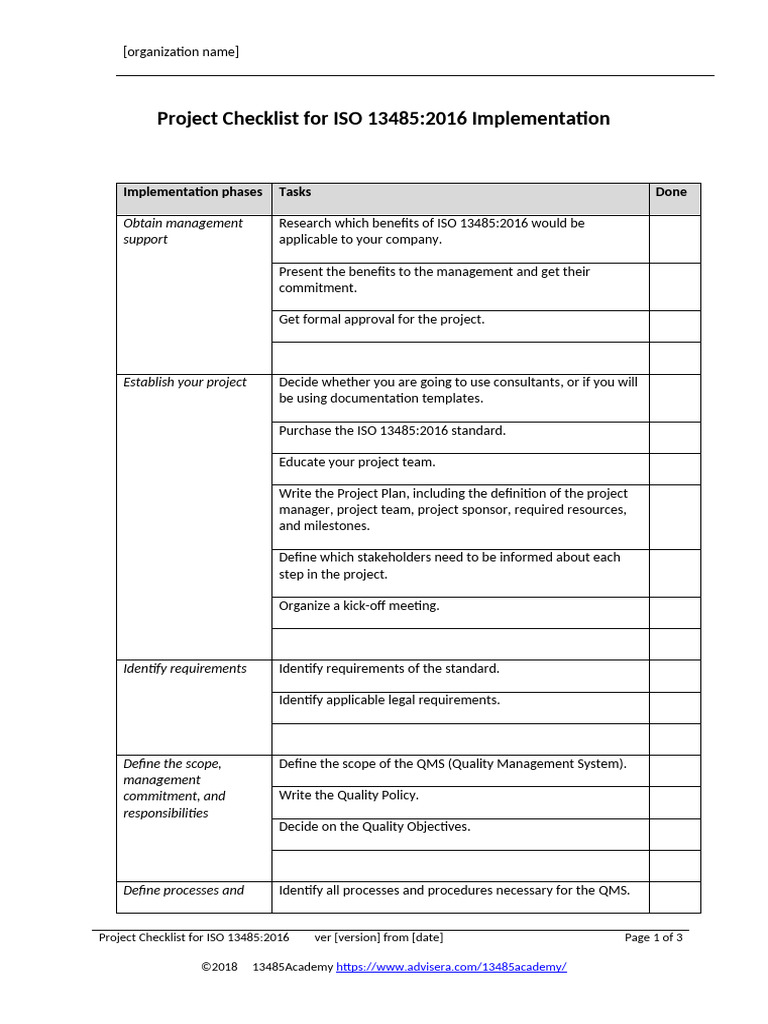 Project Checklist For ISO 13485 Implementation en | PDF | Quality ...