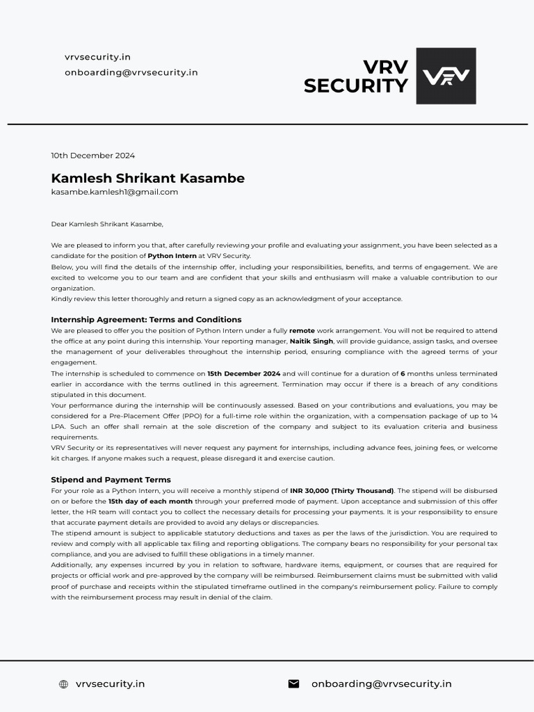 Python Internship Offer at VRV Security | PDF | Confidentiality | Conflict Of Interest