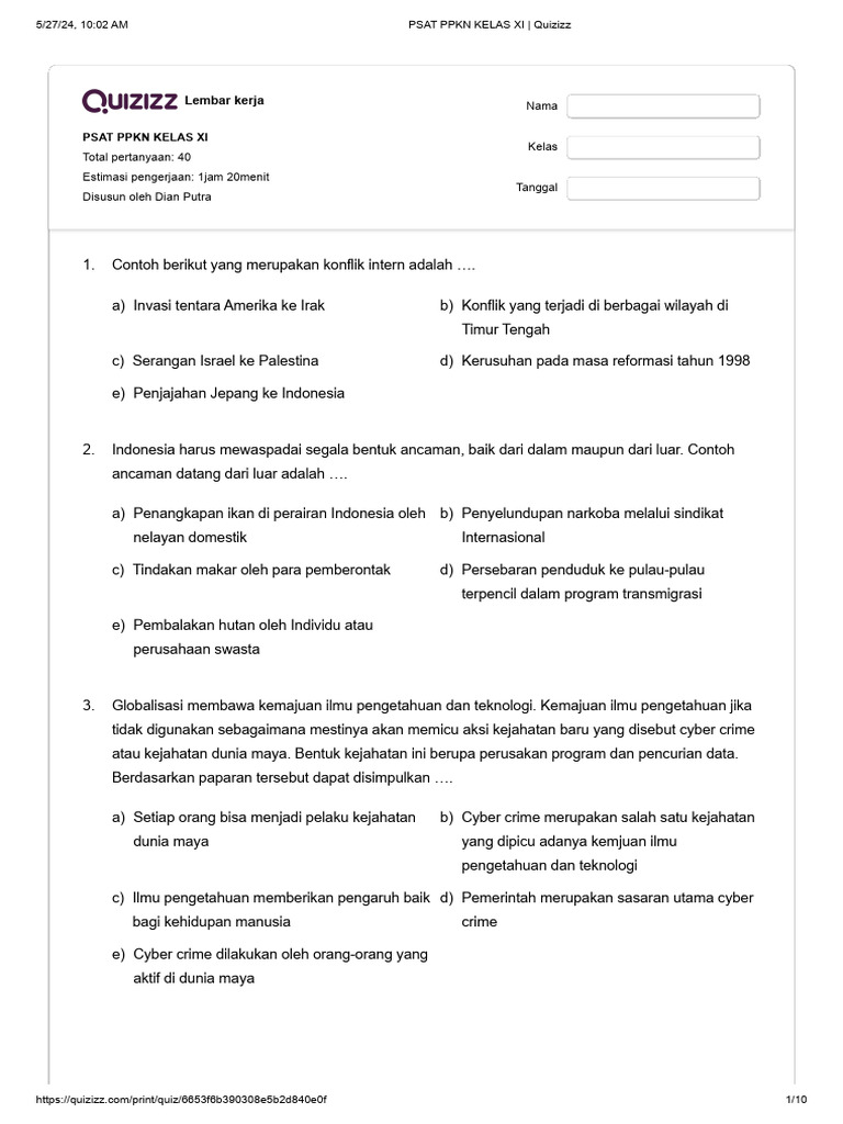 PSAT PPKN KELAS XI - Quizizz | PDF