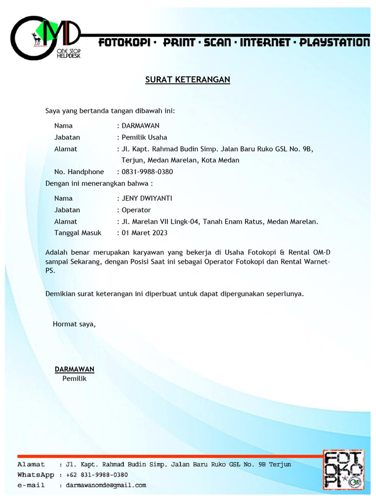 Surat Keterangan Kerja Omd | PDF