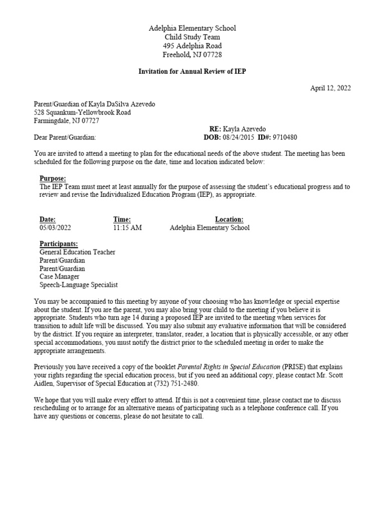 Invitation 04B - Annual Review of IEP No PRISE - 4-13-2022 | PDF ...