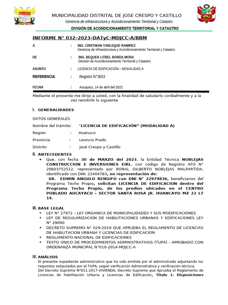 Informe 032 - Techo Propio - Sr. Edwin Angulo Rengifo | PDF | Gobierno