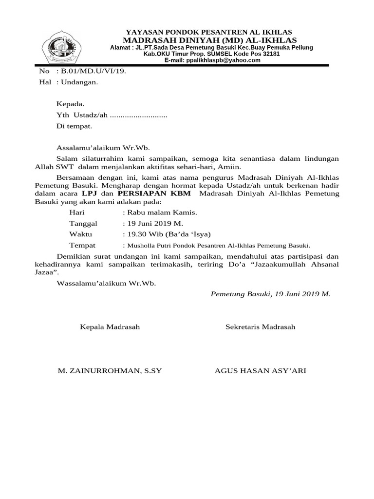 Undangan Rapat Madrasah Al-Ikhlas | PDF