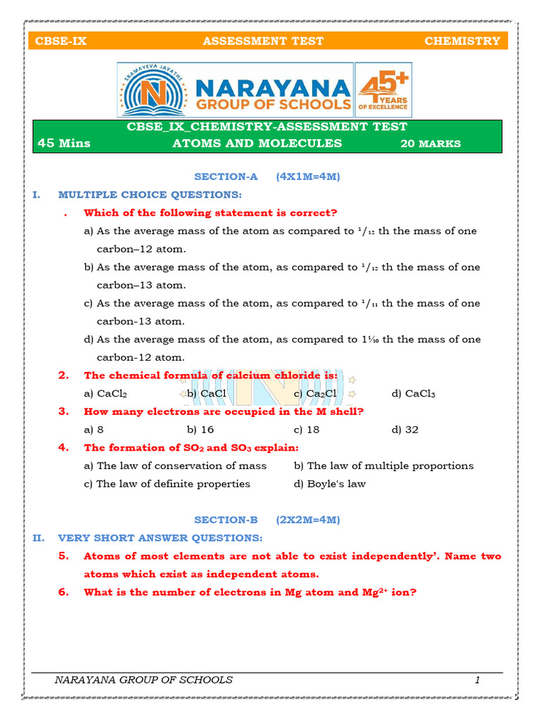 Cbse - Ix - Che-Atoms and Molecules Assessment Test-Qp - Set2 | PDF ...