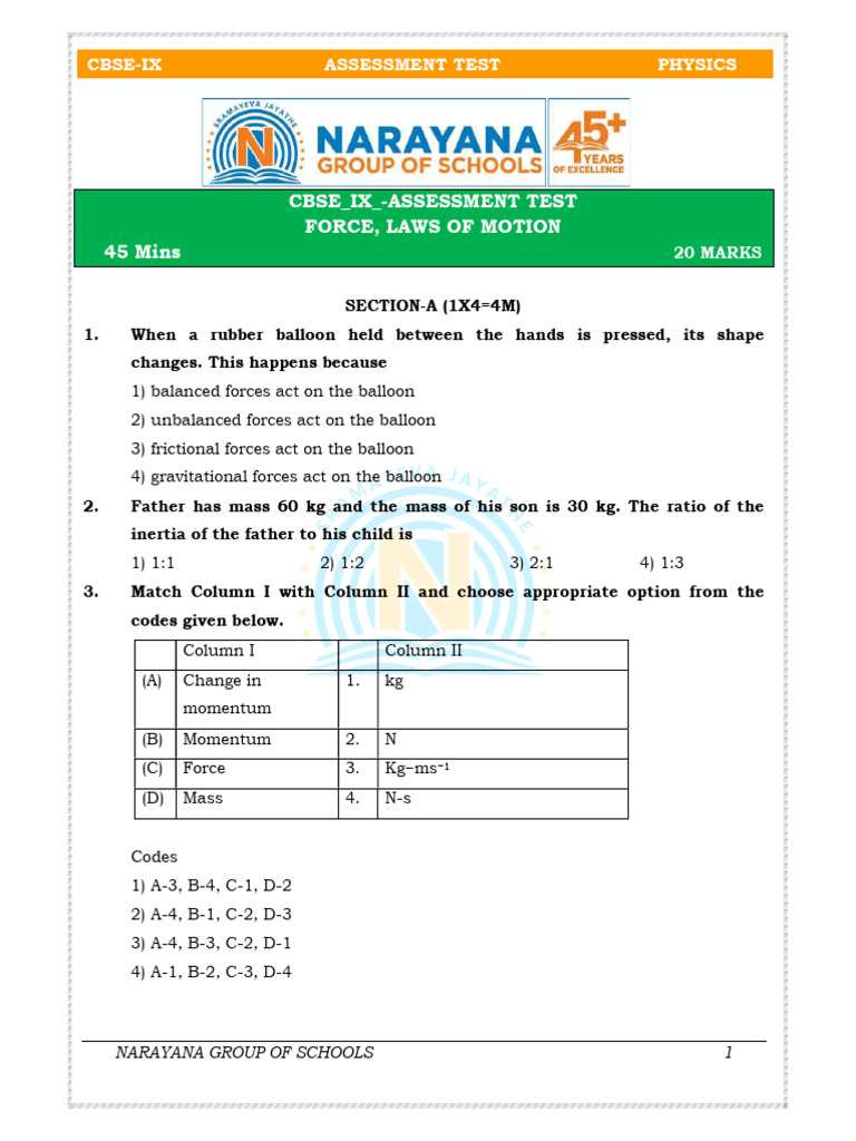 Cbse - Ix - Phy-Force, Laws of Motion - Q.P | PDF | Force | Newton's Laws Of Motion