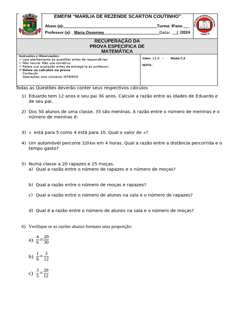 8º Ano Prova de Recuperação, Razão Proporção e Regra de Tres | PDF