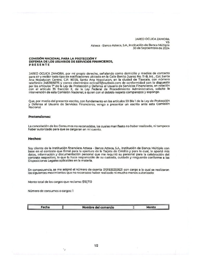 Formato de Queja CONDUSEF | PDF