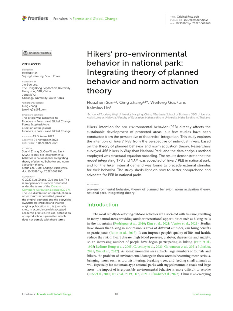 Hikers' Pro-Environmental Behavior in National Park Integrating Theory ...