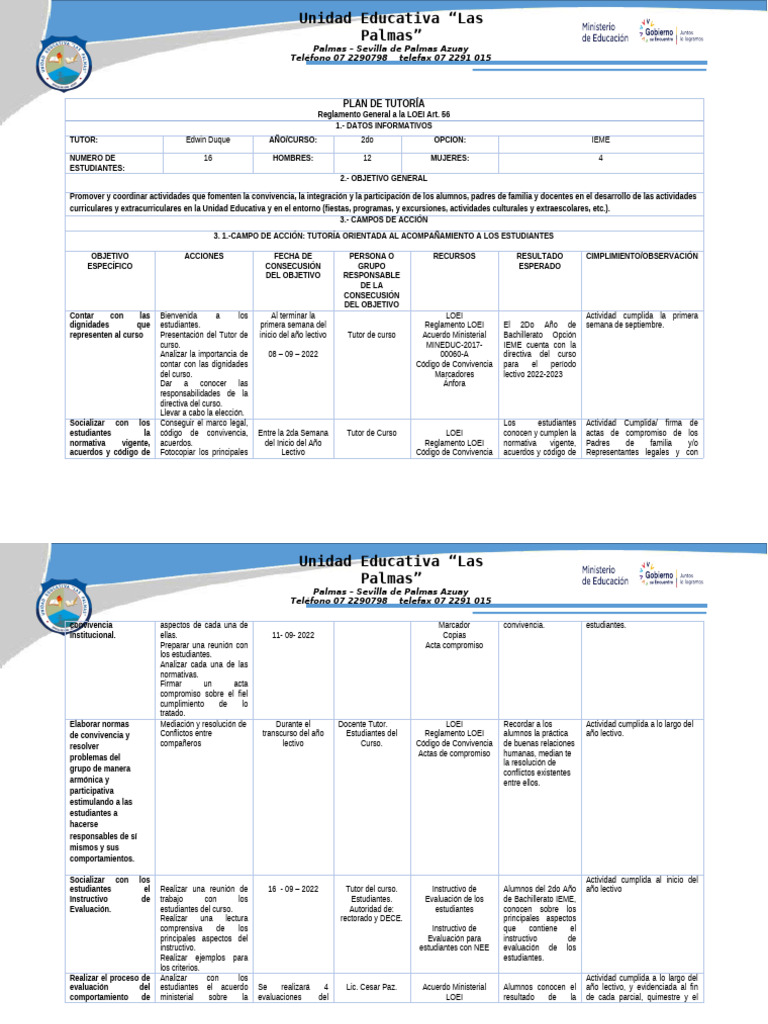 Plan De Acción Tutorial Pdf Enseñando Evaluación