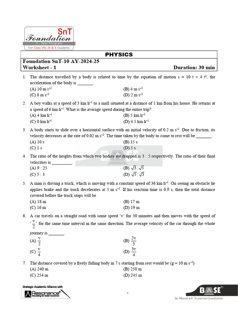10th Physics Practice Worksheet 1 Q | PDF | Acceleration | Speed