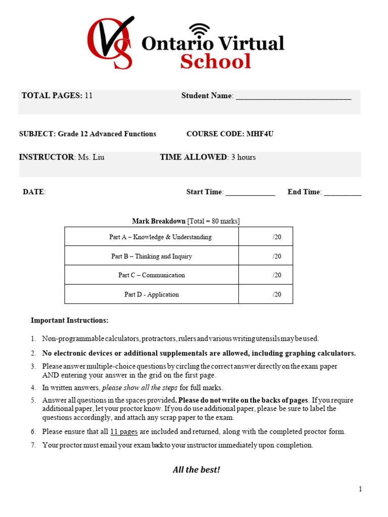 Grade 12 Advanced Functions Exam Guide | PDF | Decibel | Trigonometric ...