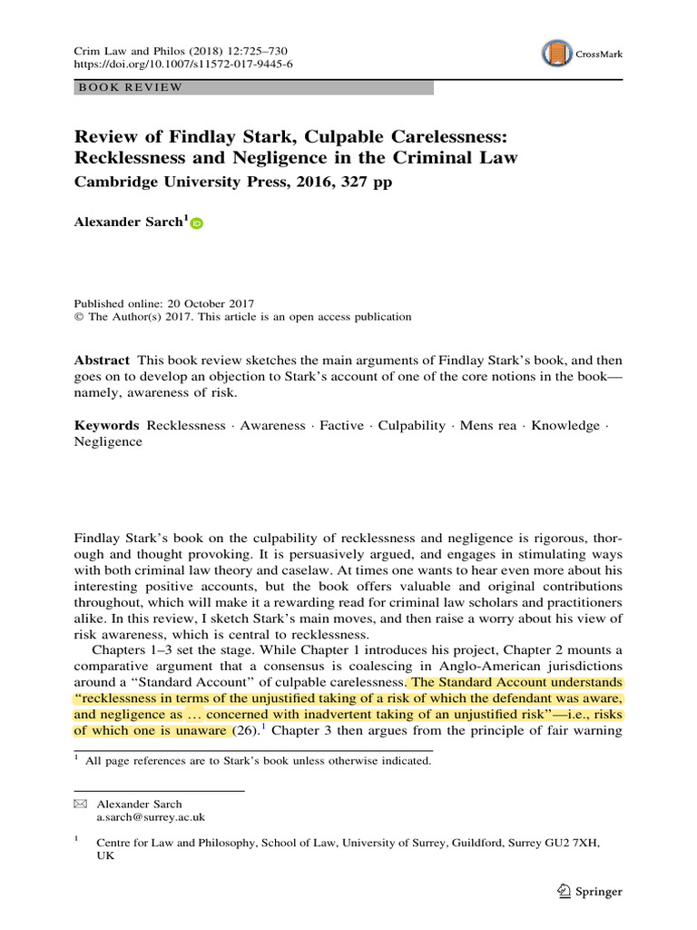 STARK - Review Culpable Carelness | PDF | Mens Rea | Recklessness (Law)