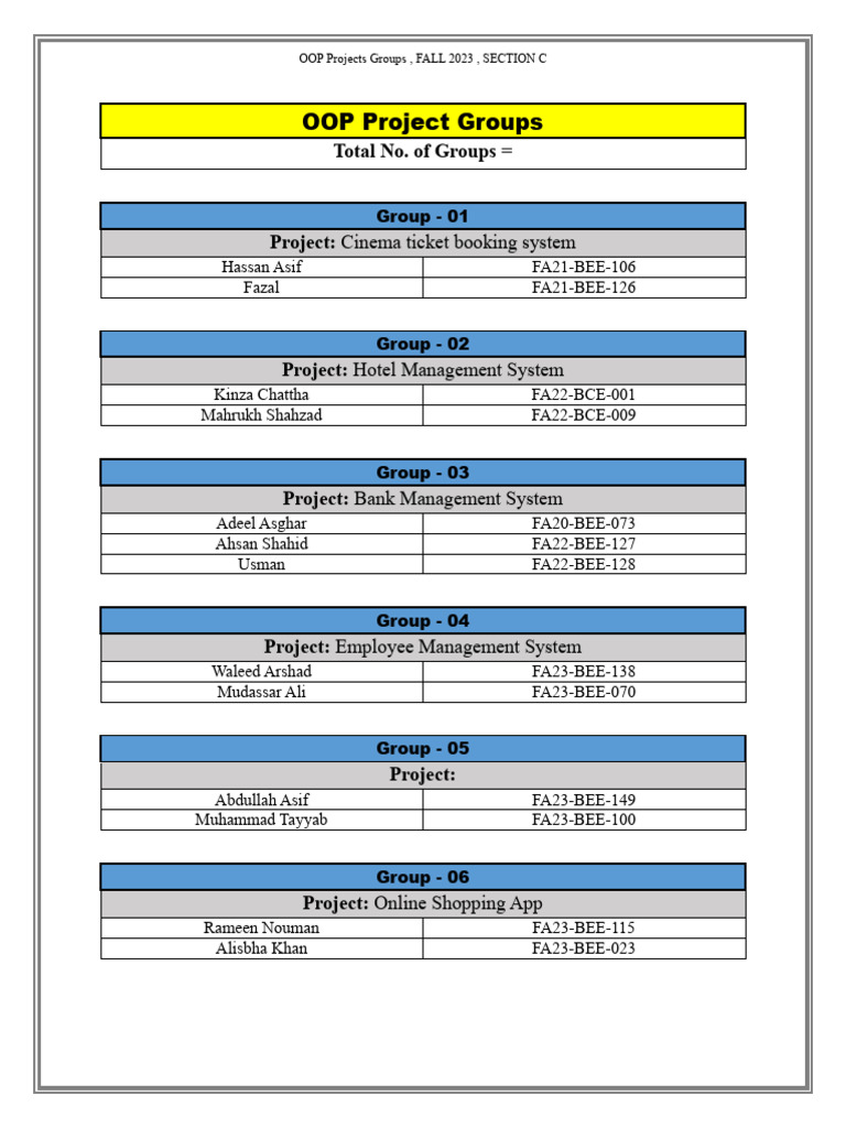 OOP Project Groups Fall 2023 | PDF